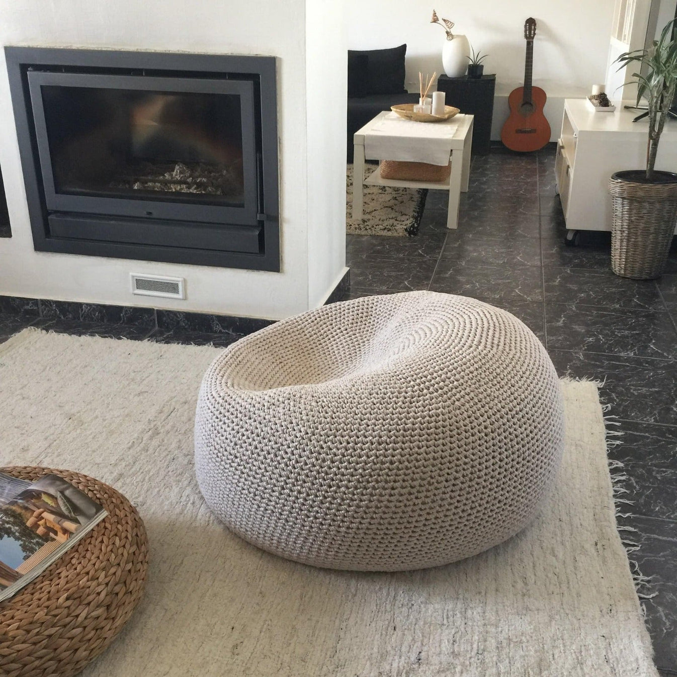 Knitted Round Bean Bag Chair - Neutral Light Beige – Looping Home